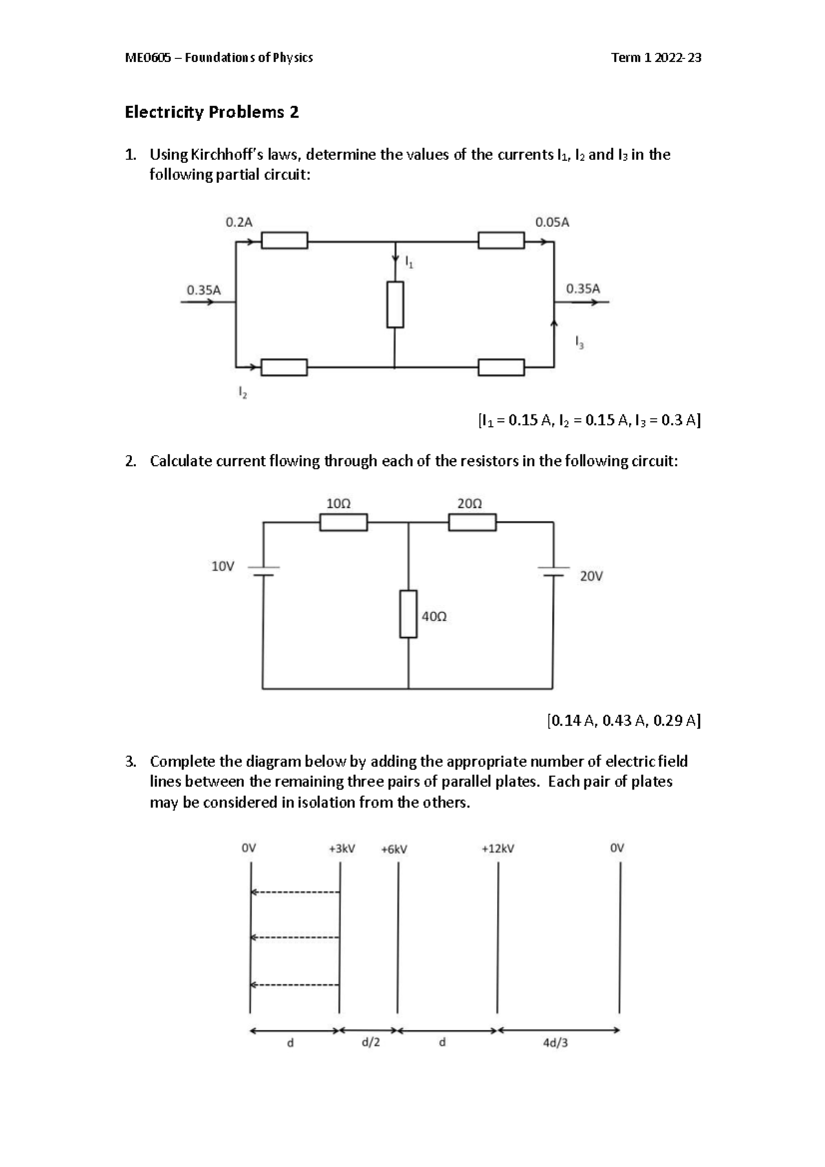 Me0605 Foundations Of Physics Term 1 Electricity Problem Sheet 2 Studocu