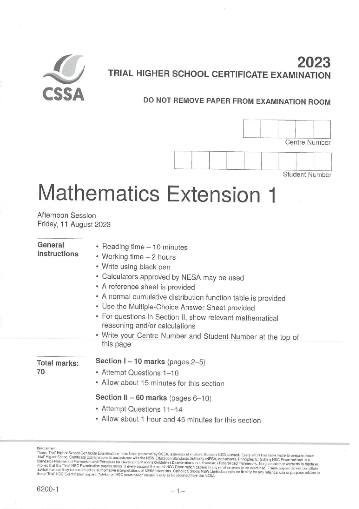 2023 CSSA Mathematics Extension 1 Trial Exam and Solutions - Studocu