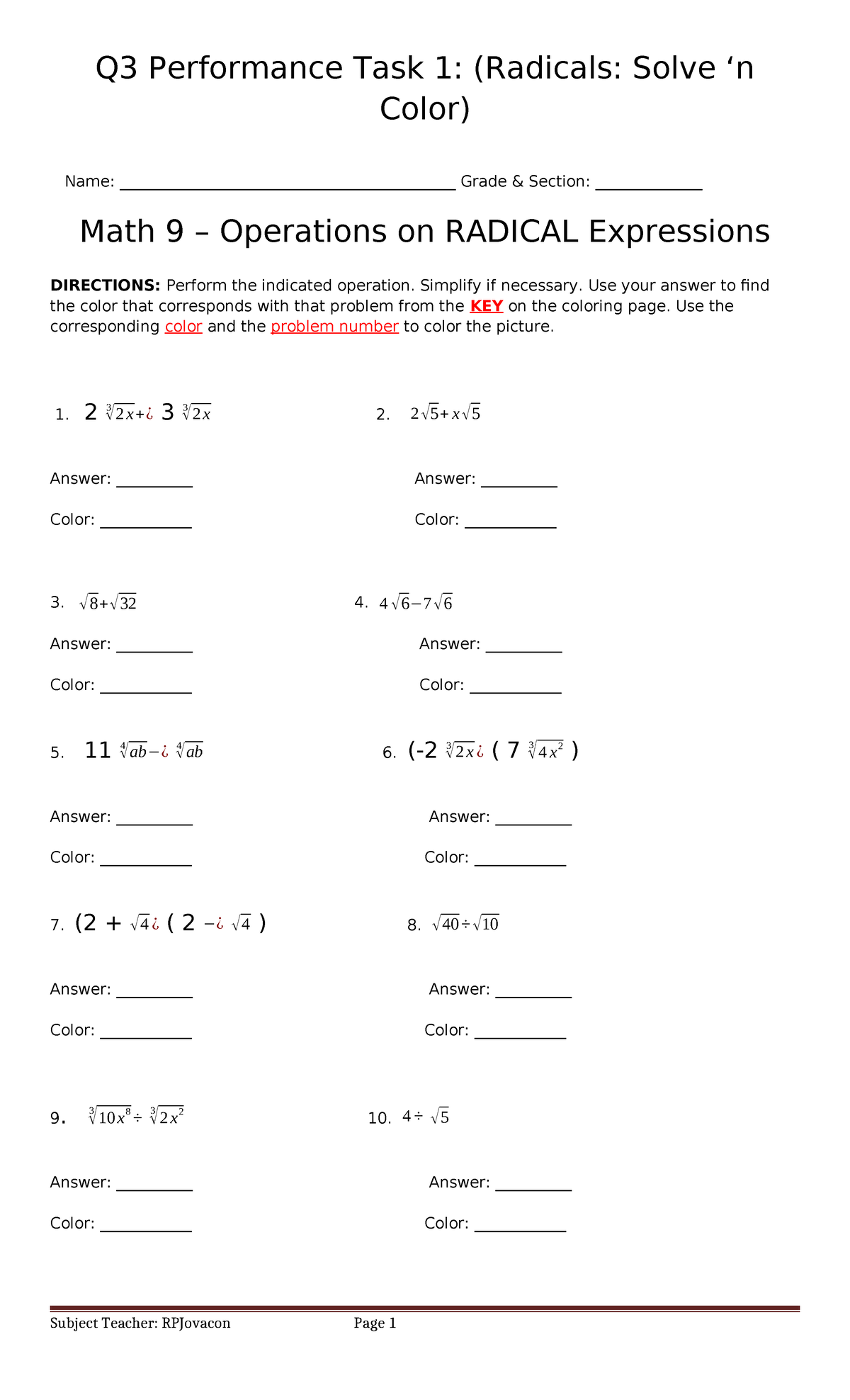 Q3 PT-1: Math 9 Operations on Radical Expressions Activity - Studocu