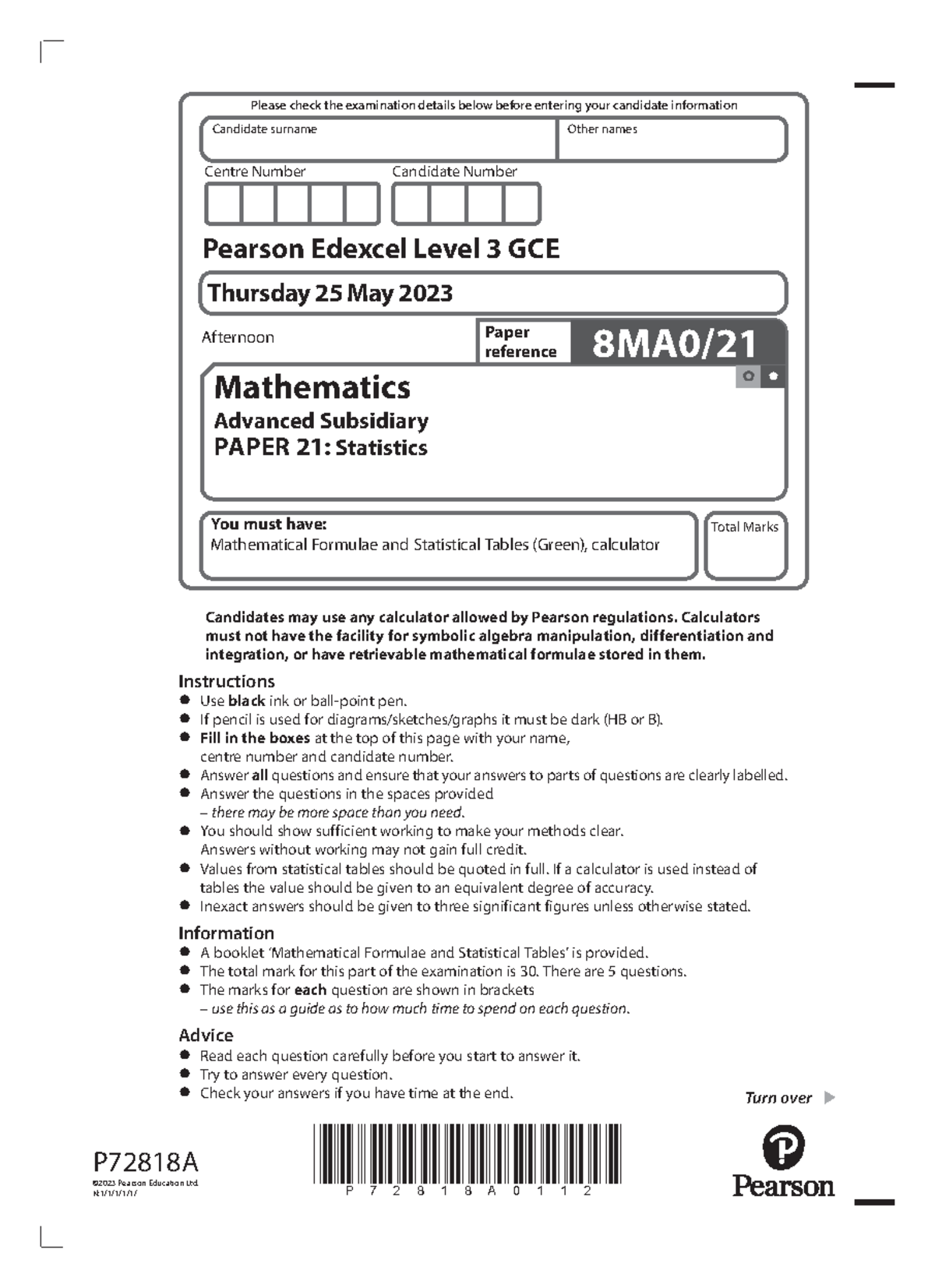 JUNE 2023 Statistics Paper 2 - Edexcel AS Level Maths - P72818A0112 ...
