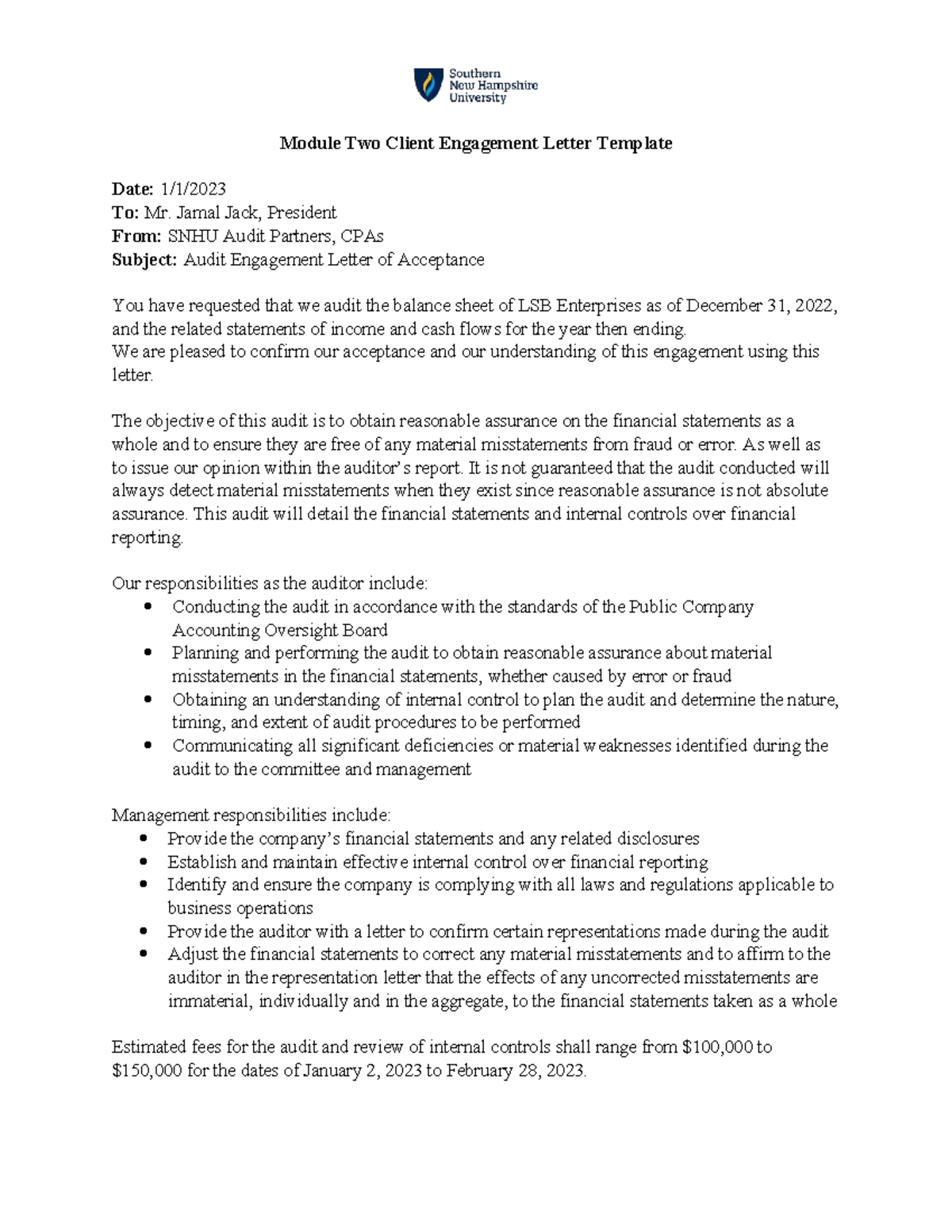 ACC 411 Module 2 Audit Engagement Letter Template - Studocu
