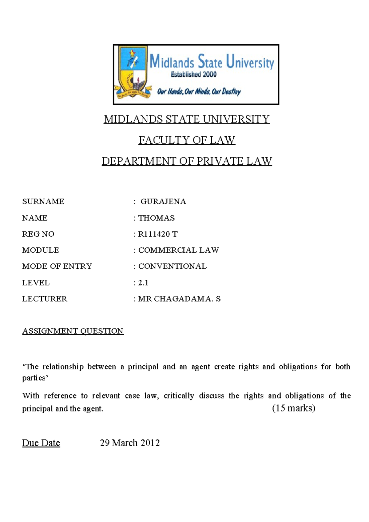 Commercial Law Assignment: Rights & Obligations of Principal and Agent ...
