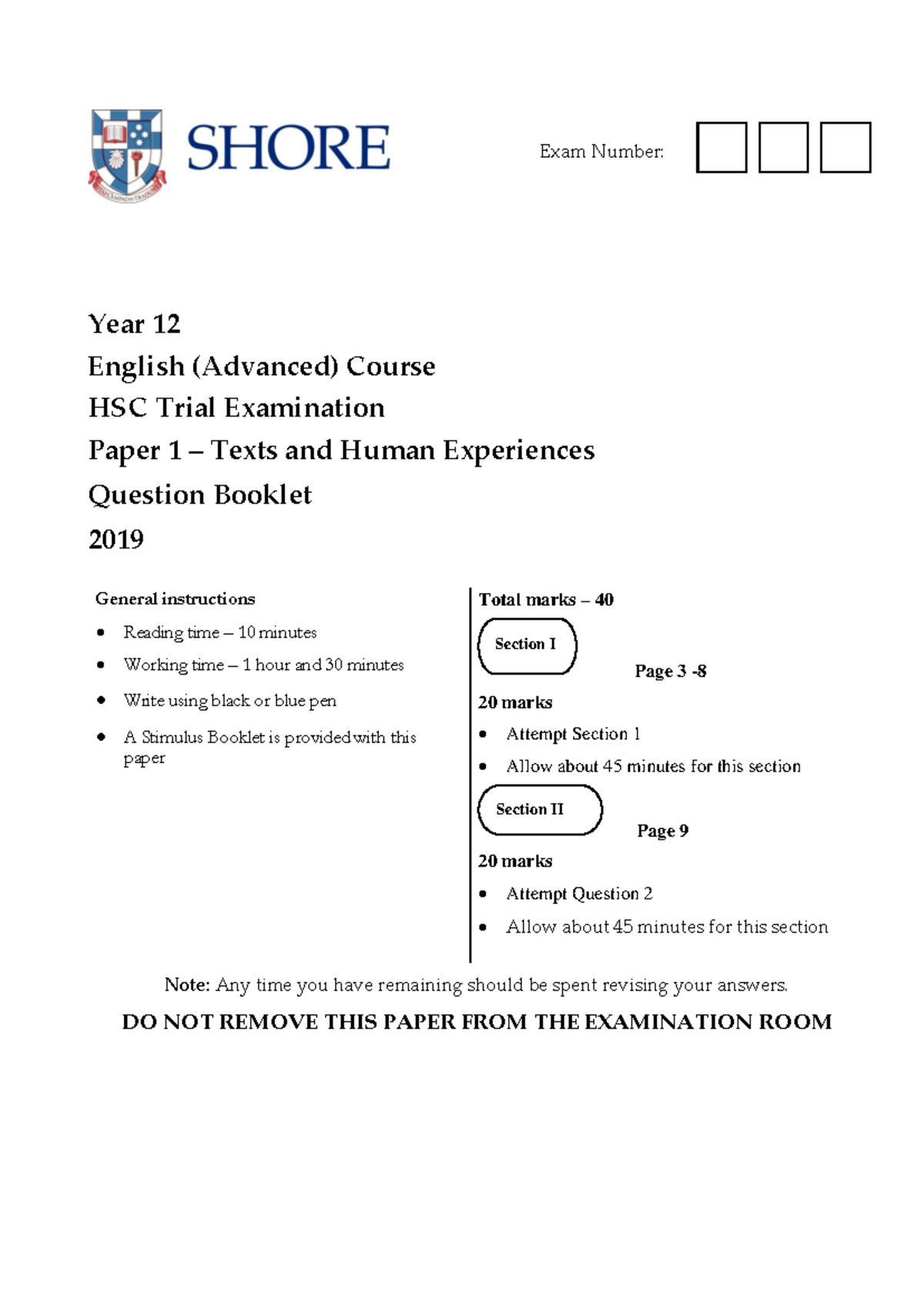 Year 12 English (Advanced) HSC Trial Exam Paper 1: Texts & Human ...
