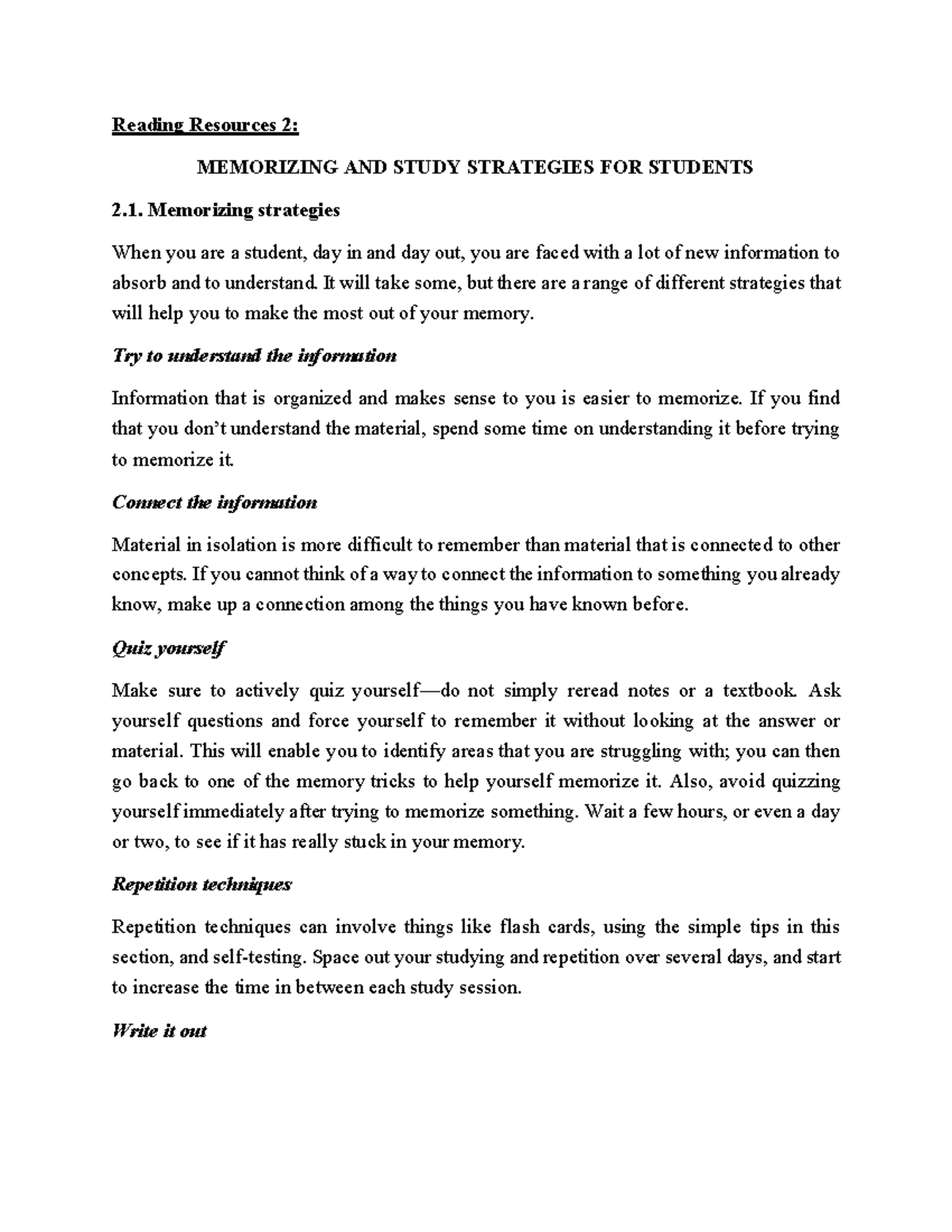 Reading Resources 2: Mem & Study Strategies for Students (621d0210223 ...