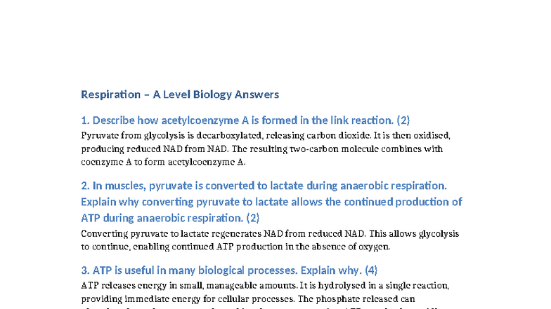 A Level Biology: Respiration Answers and Explanations - Studocu