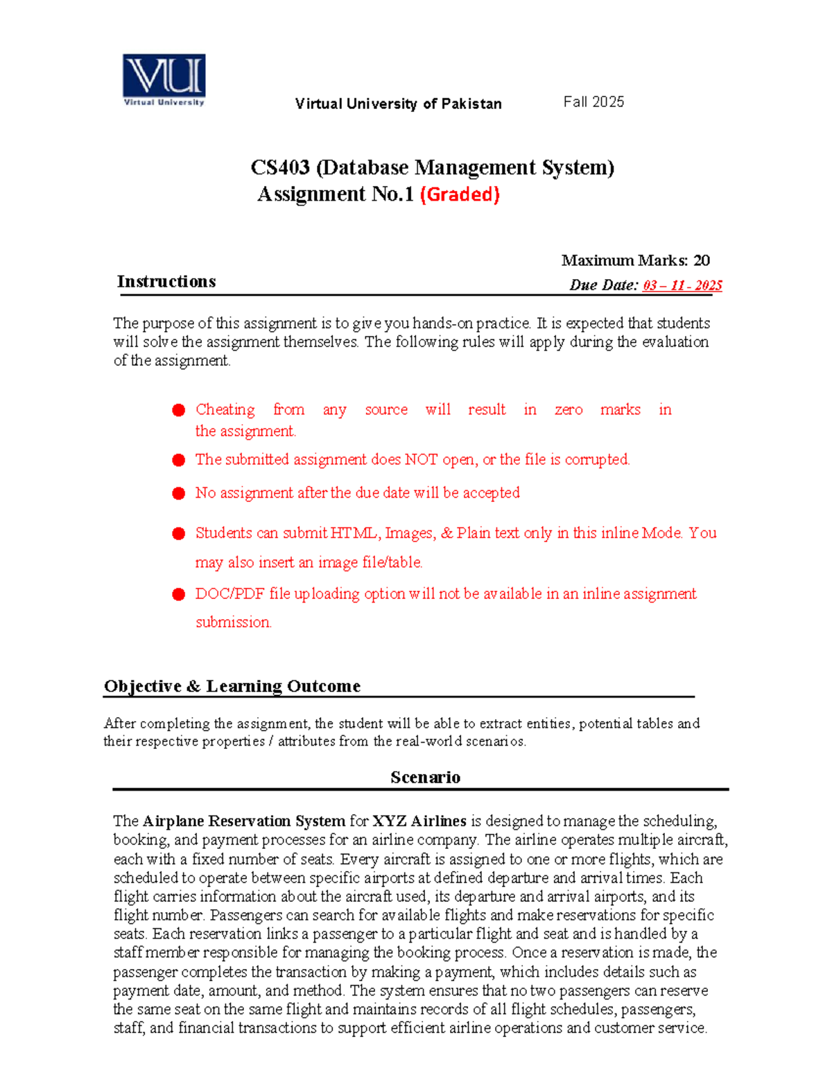 Fall 2025 CS403 Assignment 1: Airplane Reservation System - Studocu