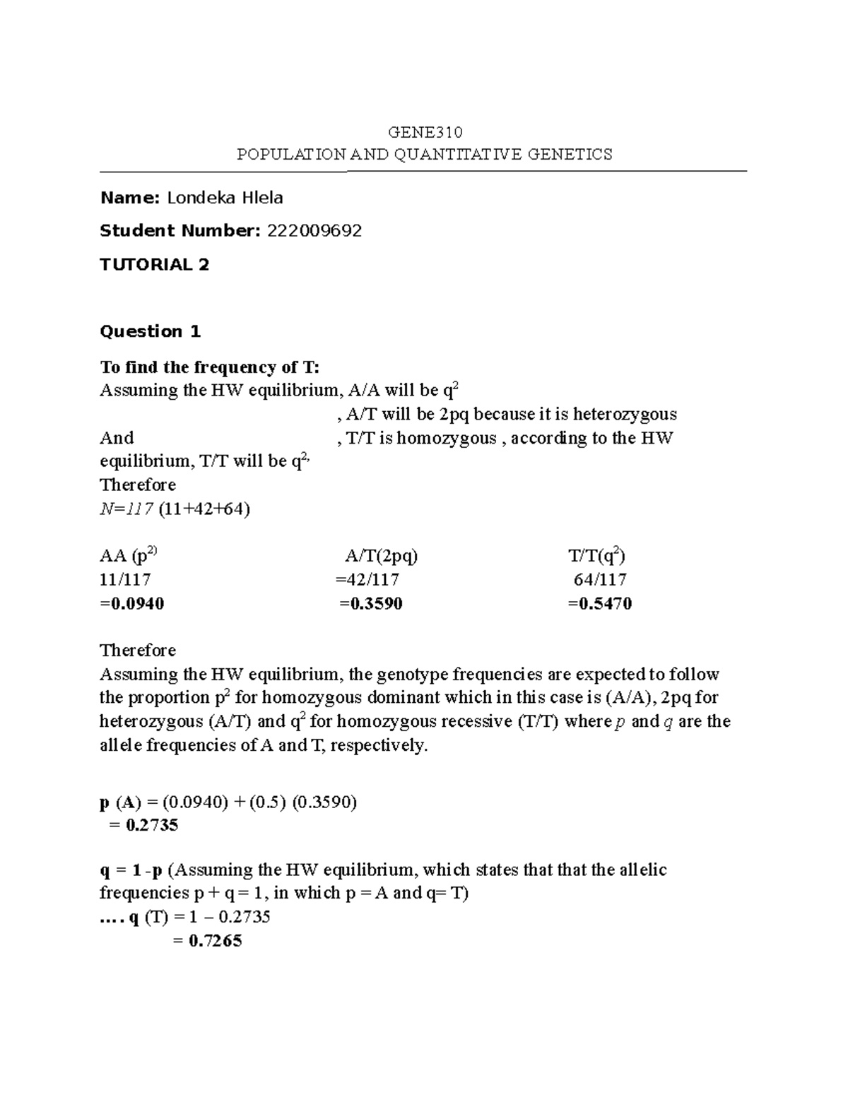 GENE310 TUTORIAL 2: Population & Quantitative Genetics Analysis - Studocu