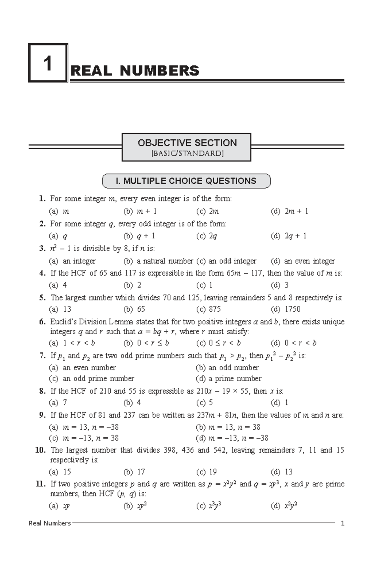 1. REAL NUMBERS - MCQ Questions for Mathematics 10 - Studocu