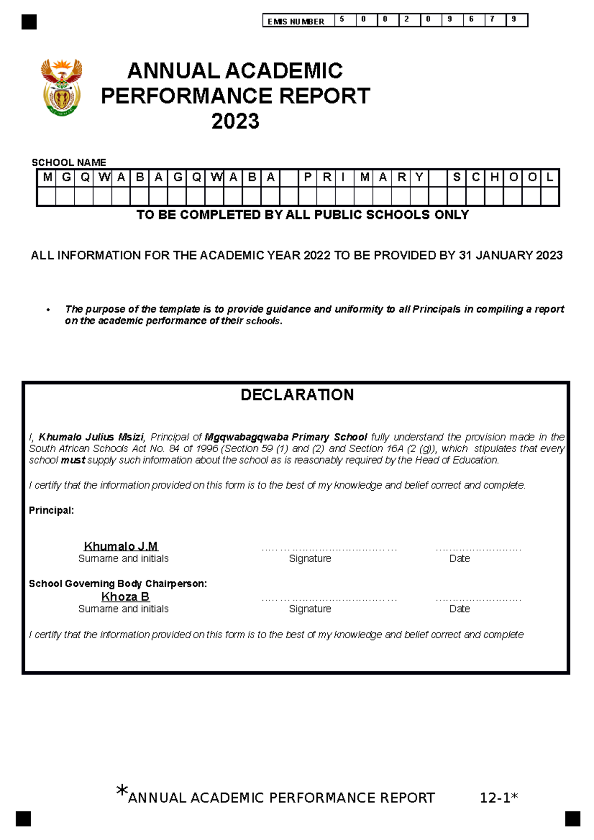 Annual Academic Performance Report Template 2023 - MGQWA 12-1 - Studocu
