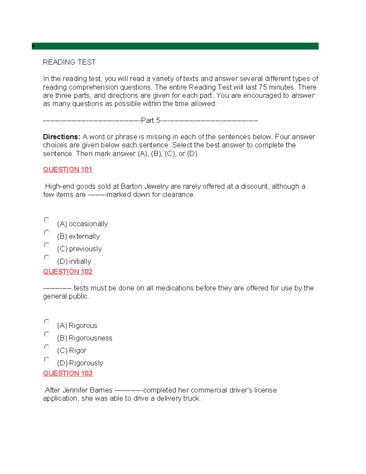 Reading TEST 1: Comprehension Questions and Answer Guide - Studocu