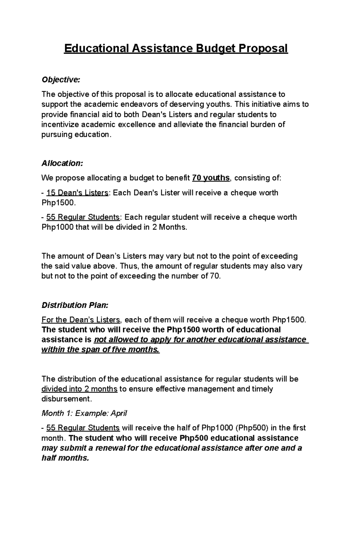 Educational Assistance Budget Proposal for Youths Allocation - Studocu