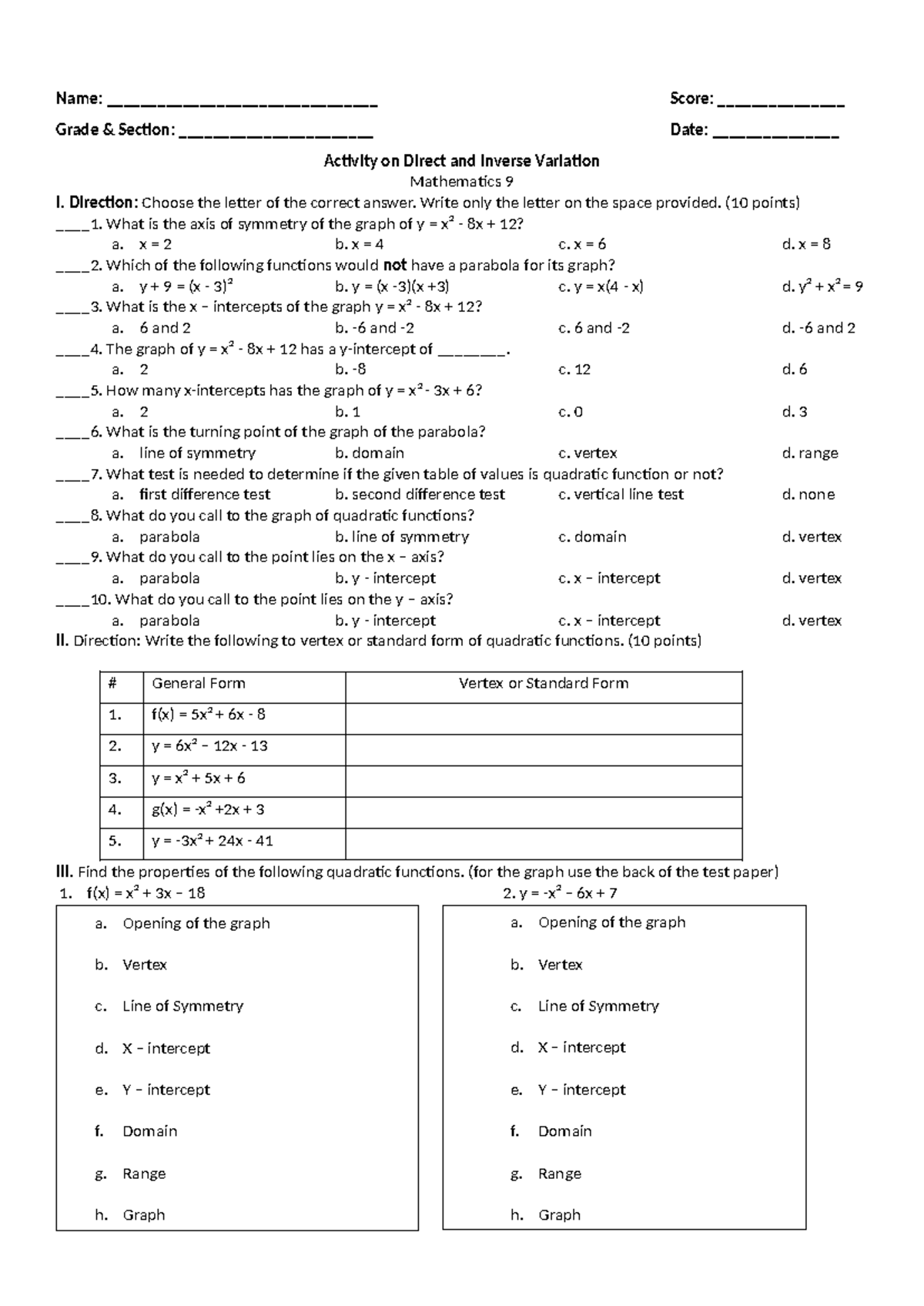 Quiz #1 Quadratic FUnction - Name ...