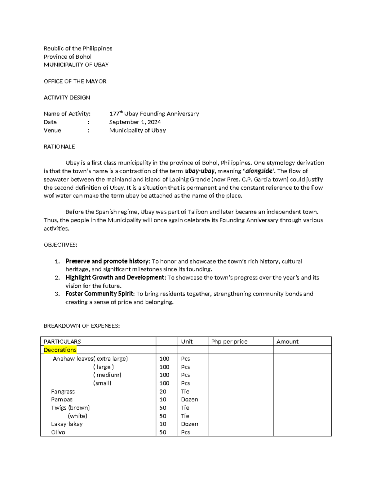 177th Ubay Founding Anniversary Activity Design Document - Studocu