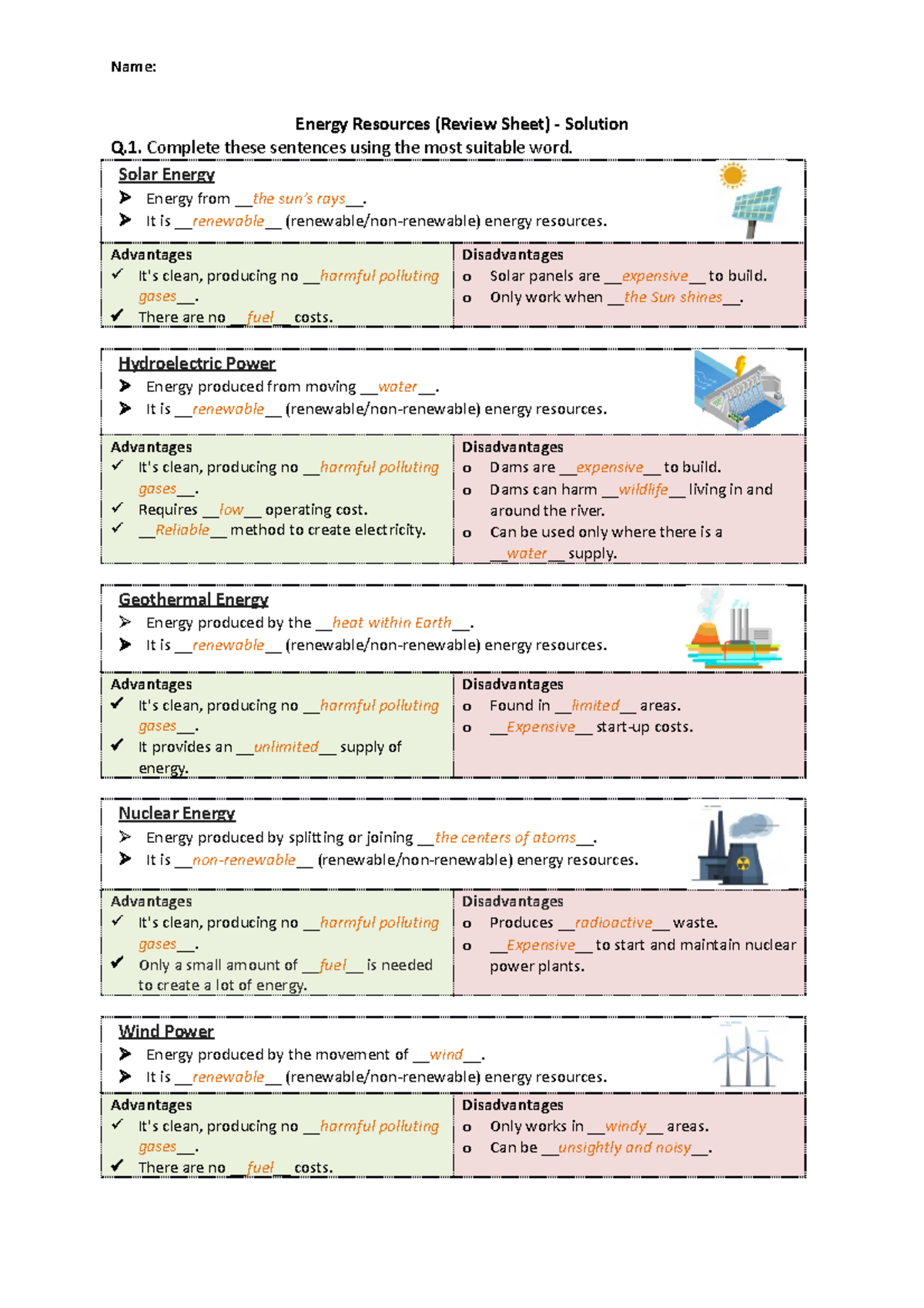 Energy Resources Review Sheet Answer Key - Name: Energy Resources ...