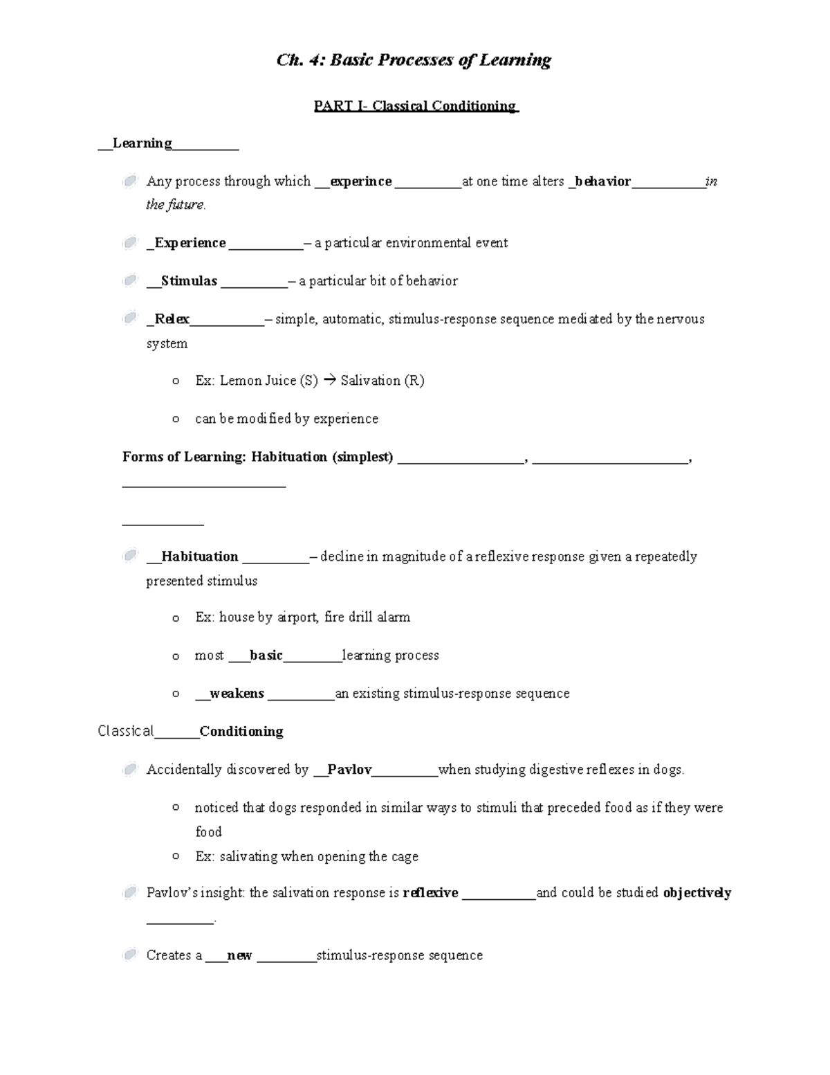 Ch. 4-I: Classical Conditioning Discussion Notes on Learning Processes ...