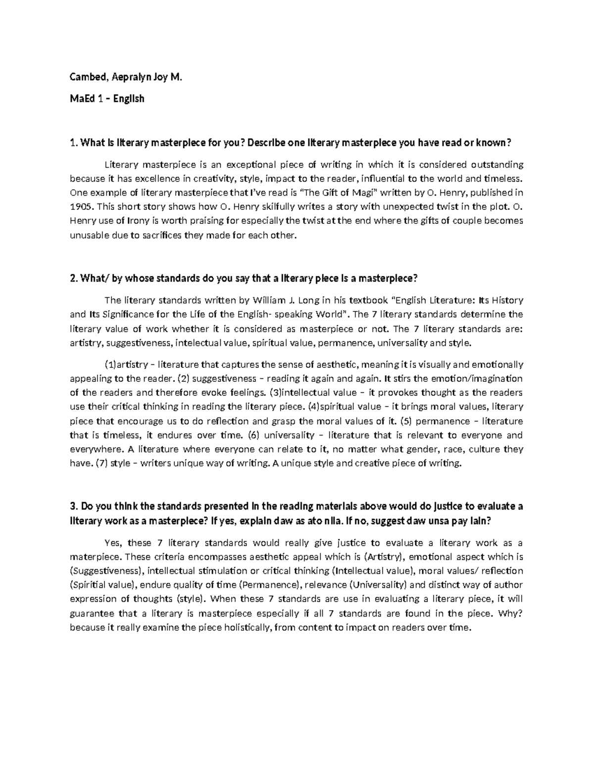 MaEd 1: Understanding Literary Masterpieces and Evaluation Criteria ...