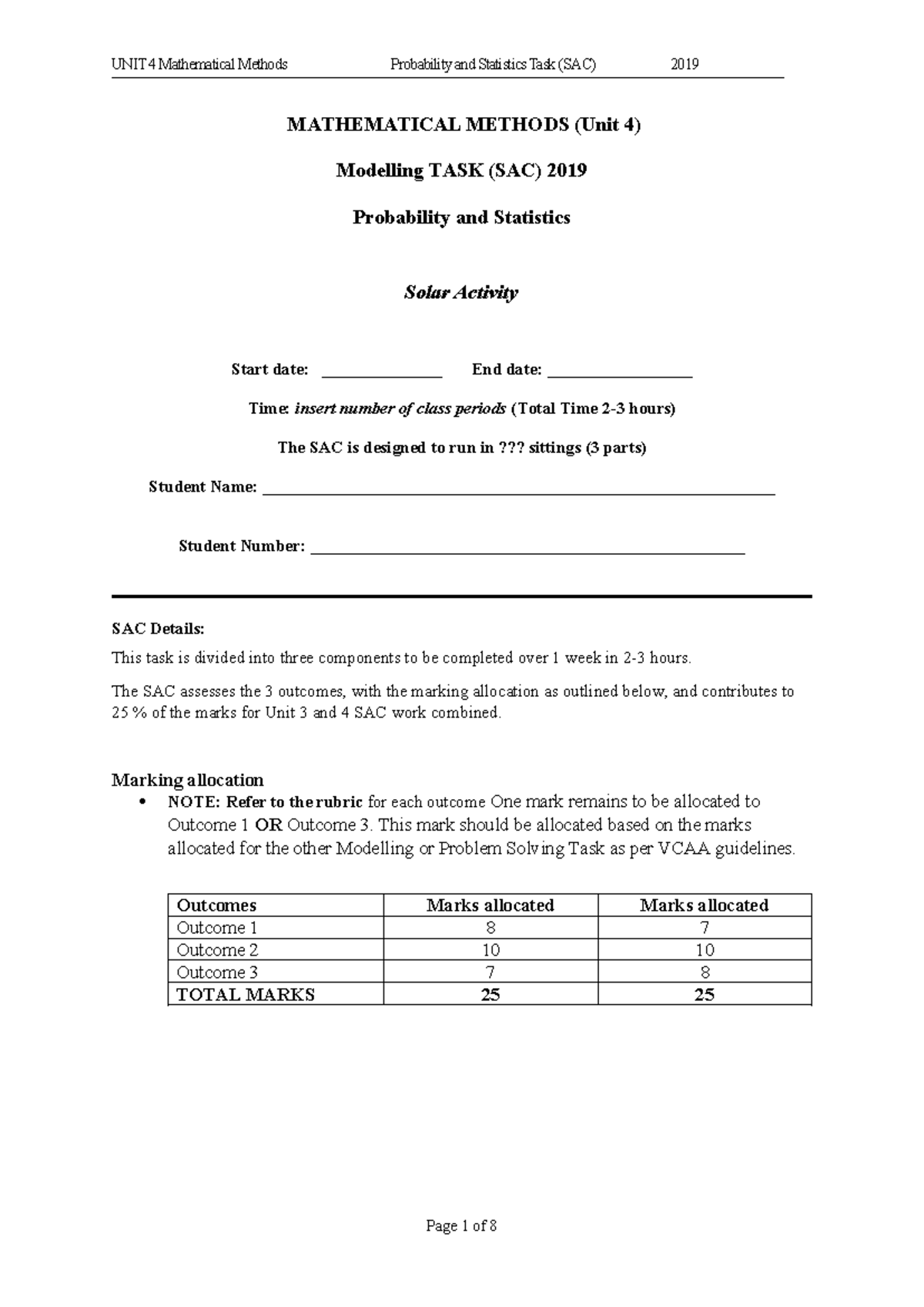 UNIT 4 Mathematical Methods SAC 2019: Probability & Statistics Task - Studocu