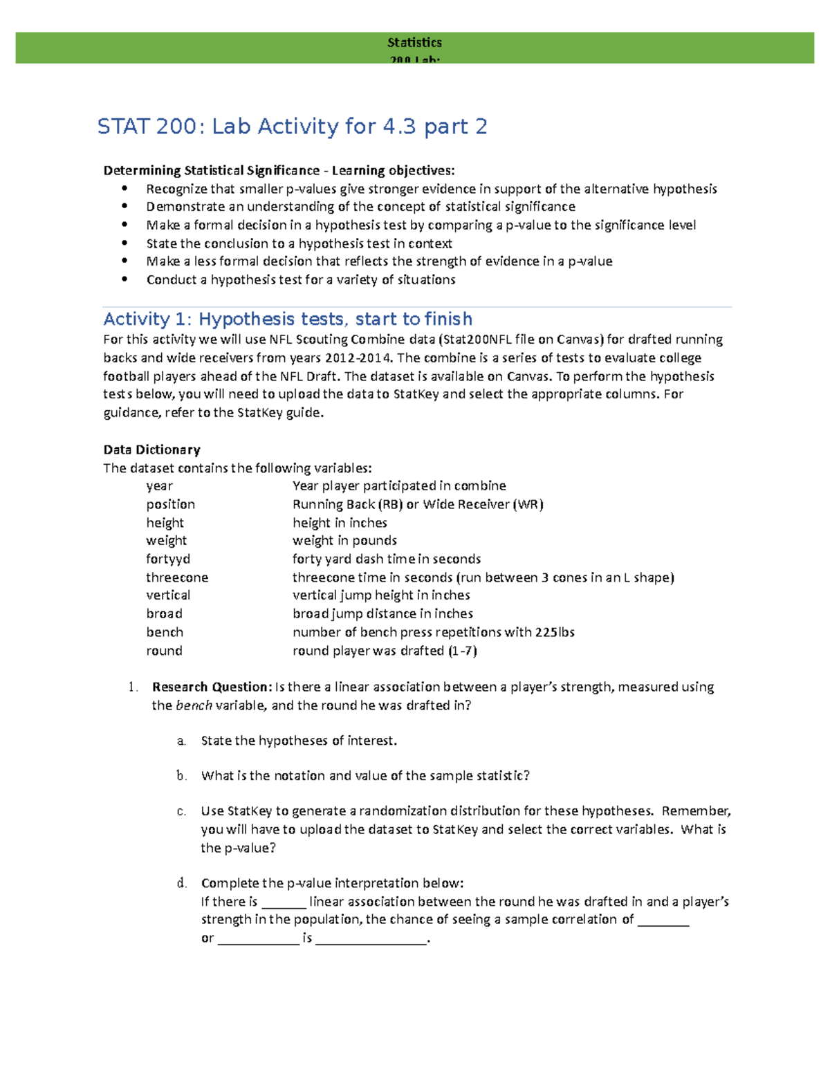 Section #4.3.2 Shared Lab Stat 200 FA21 - STAT 200: Lab Activity for 4 part 2 Determining - Studocu