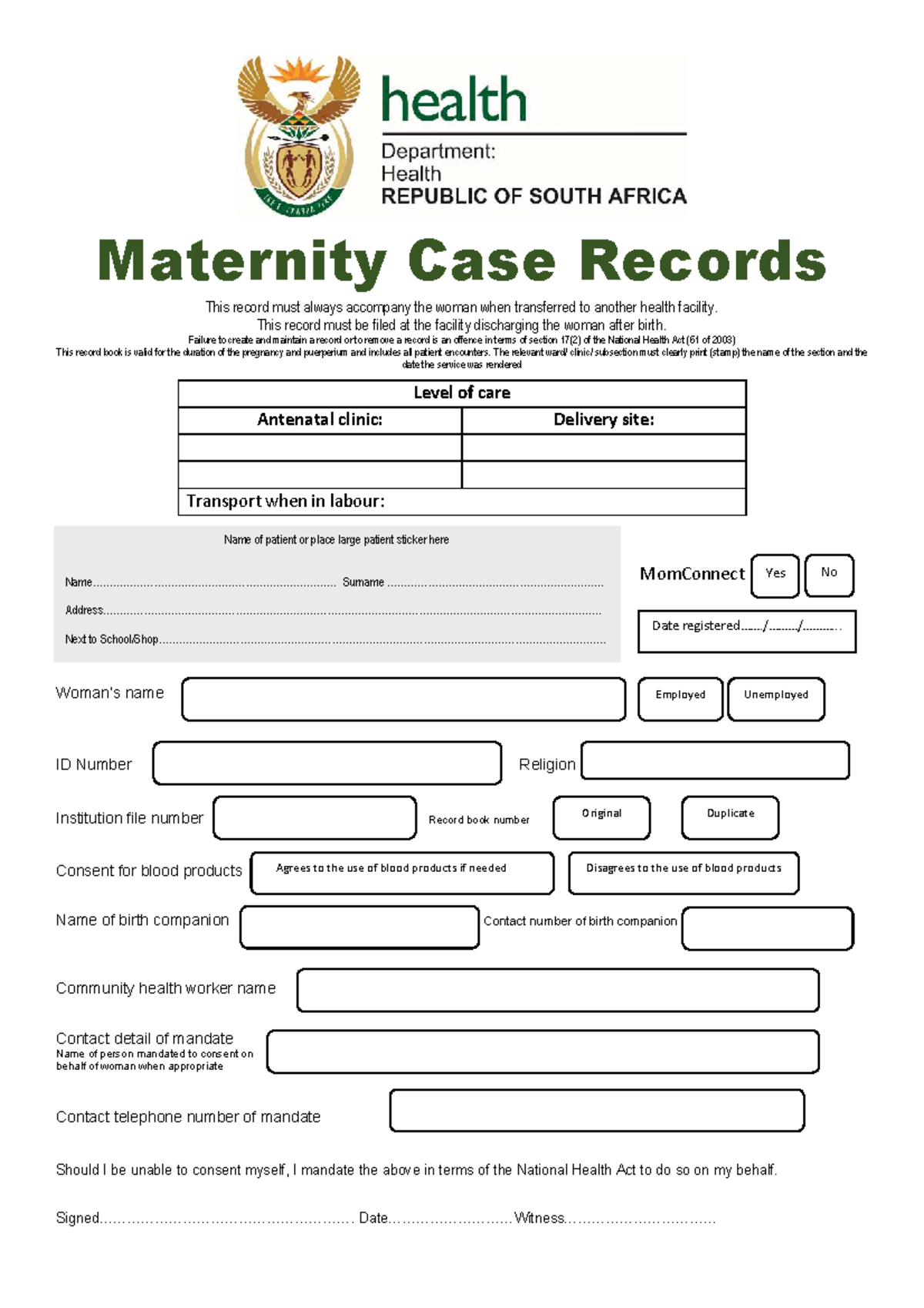 SA National Maternity Case Record V6: Essential Patient Documentation ...