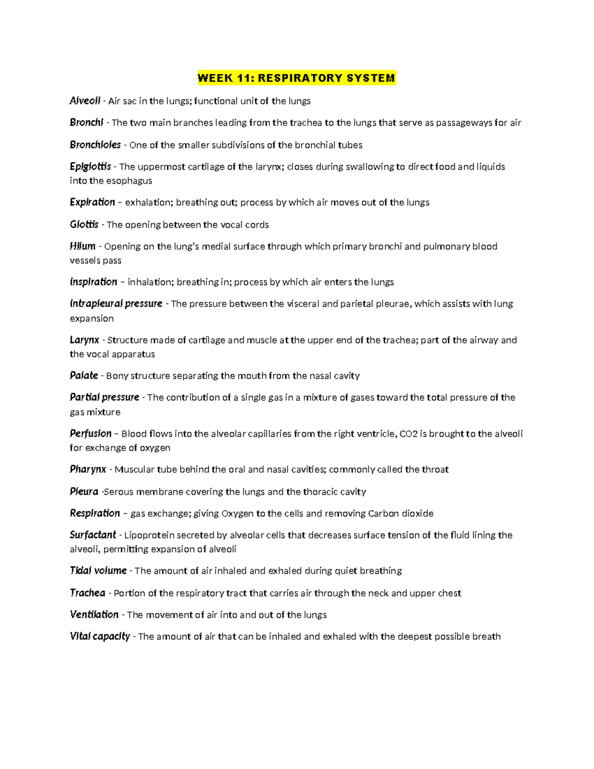 WEEK 11 Lecture Notes on the Respiratory System Concepts - Studocu