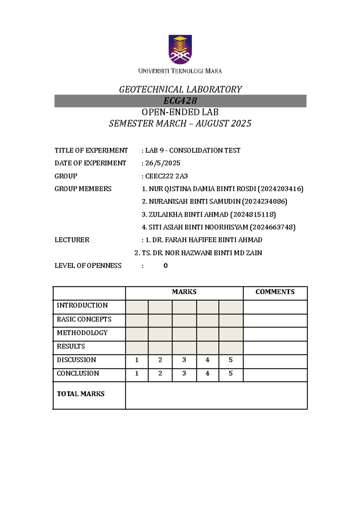 GEOTECHNICAL LAB ECG428 LAB 9: CONSOLIDATION TEST REPORT - Studocu
