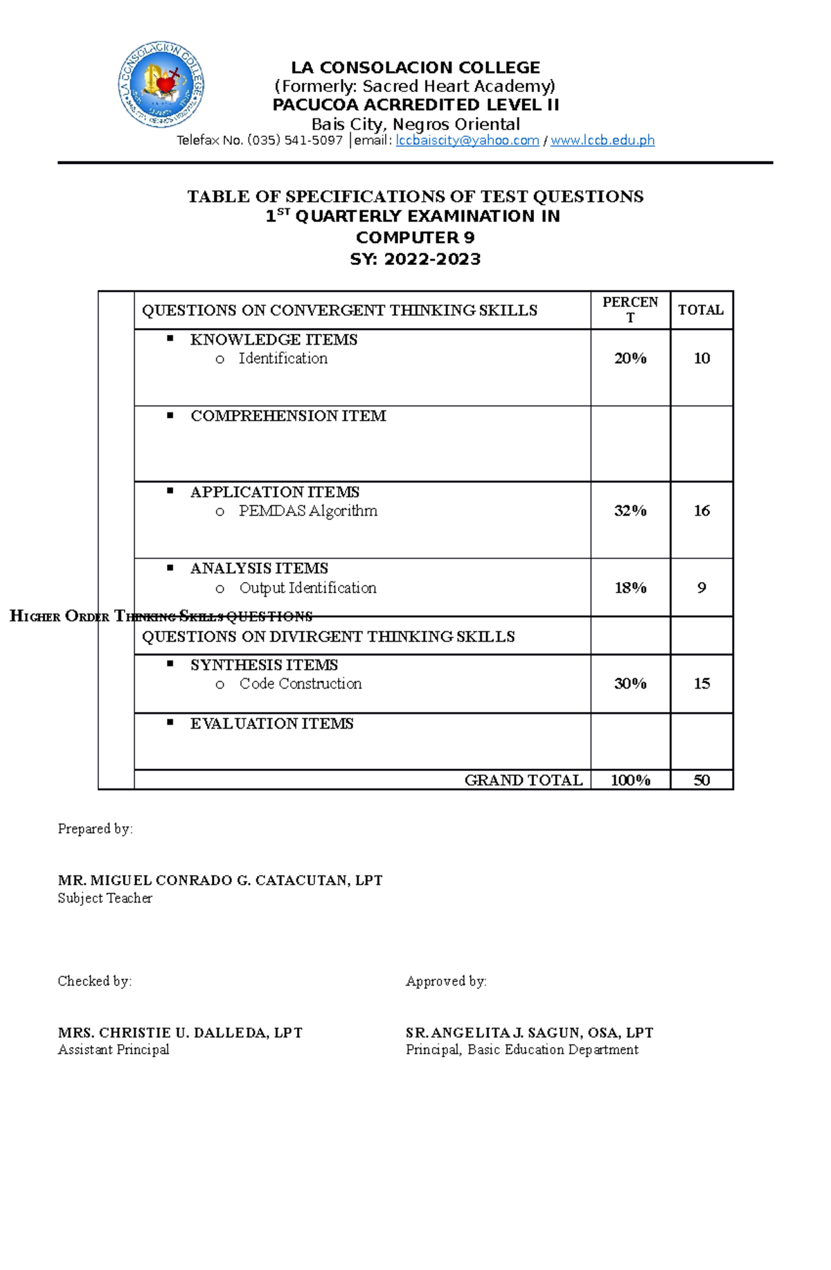 Grade 9 - Computer 9 - 1ST Quarterly - LA CONSOLACION COLLEGE (Formerly ...