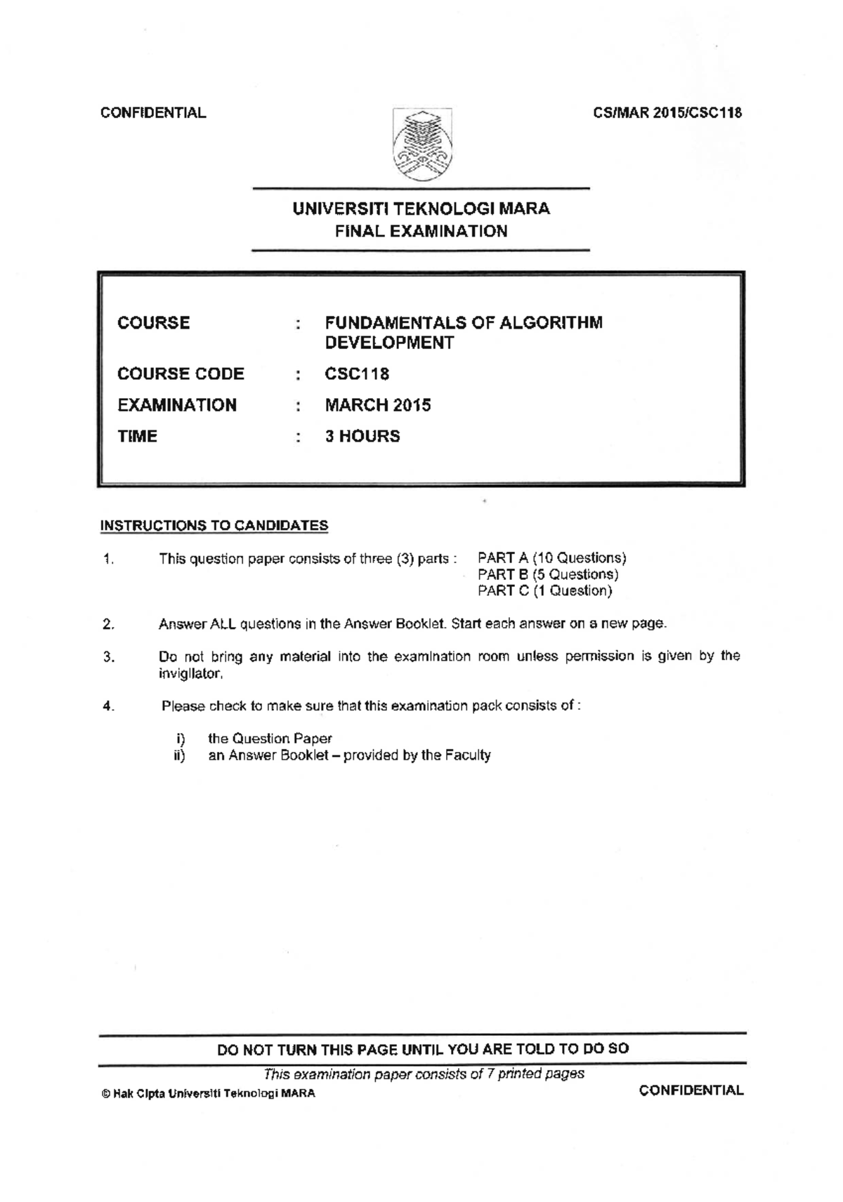 CSC118 - Final Exam Practice for Algorithm Development - Studocu