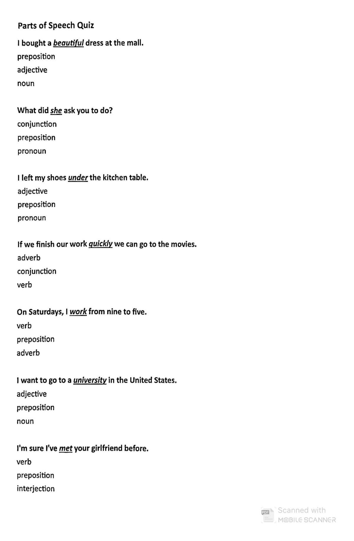 Parts of Speech Quiz I - Identifying Grammar Elements - Studocu