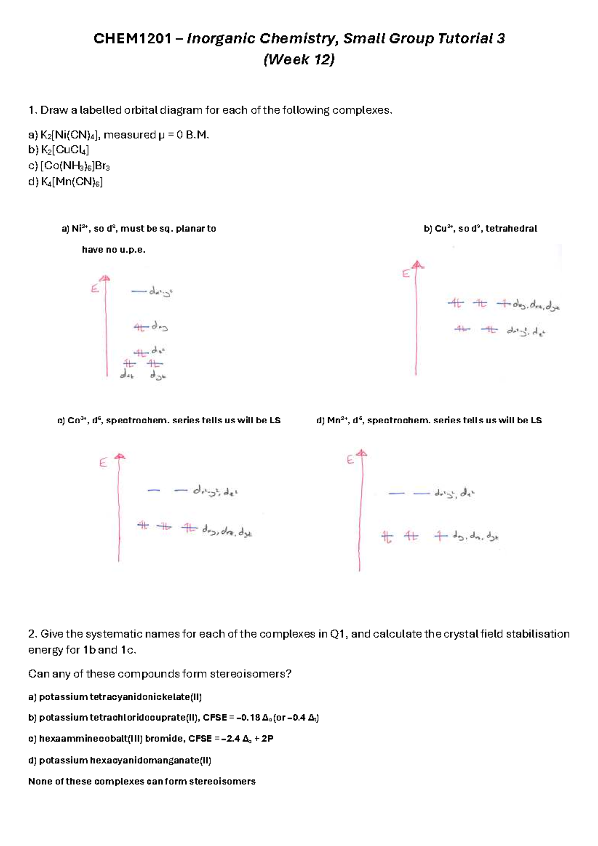 CHEM1201 Inorganic Chemistry: Small Group Tutorial 3 Answers - Studocu