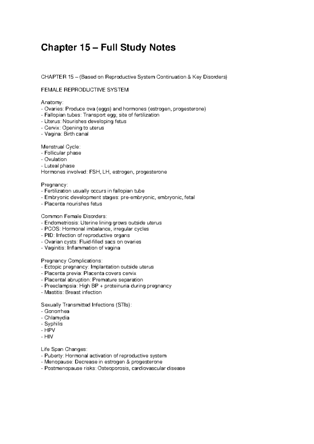 Chapter 15 Study Notes: Female Reproductive System & Disorders - Studocu