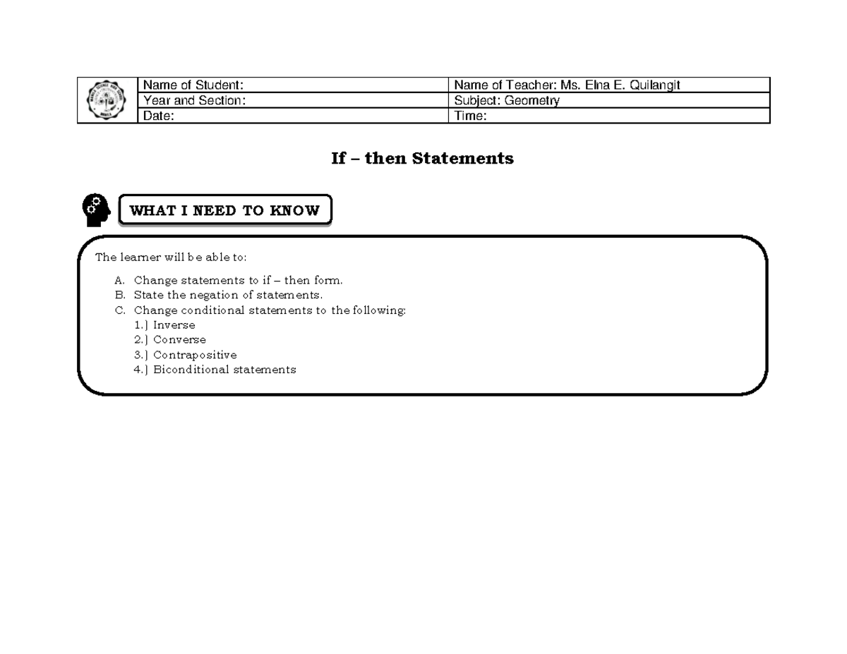 Geometry Worksheet: If-Then Statements & Their Types - Studocu