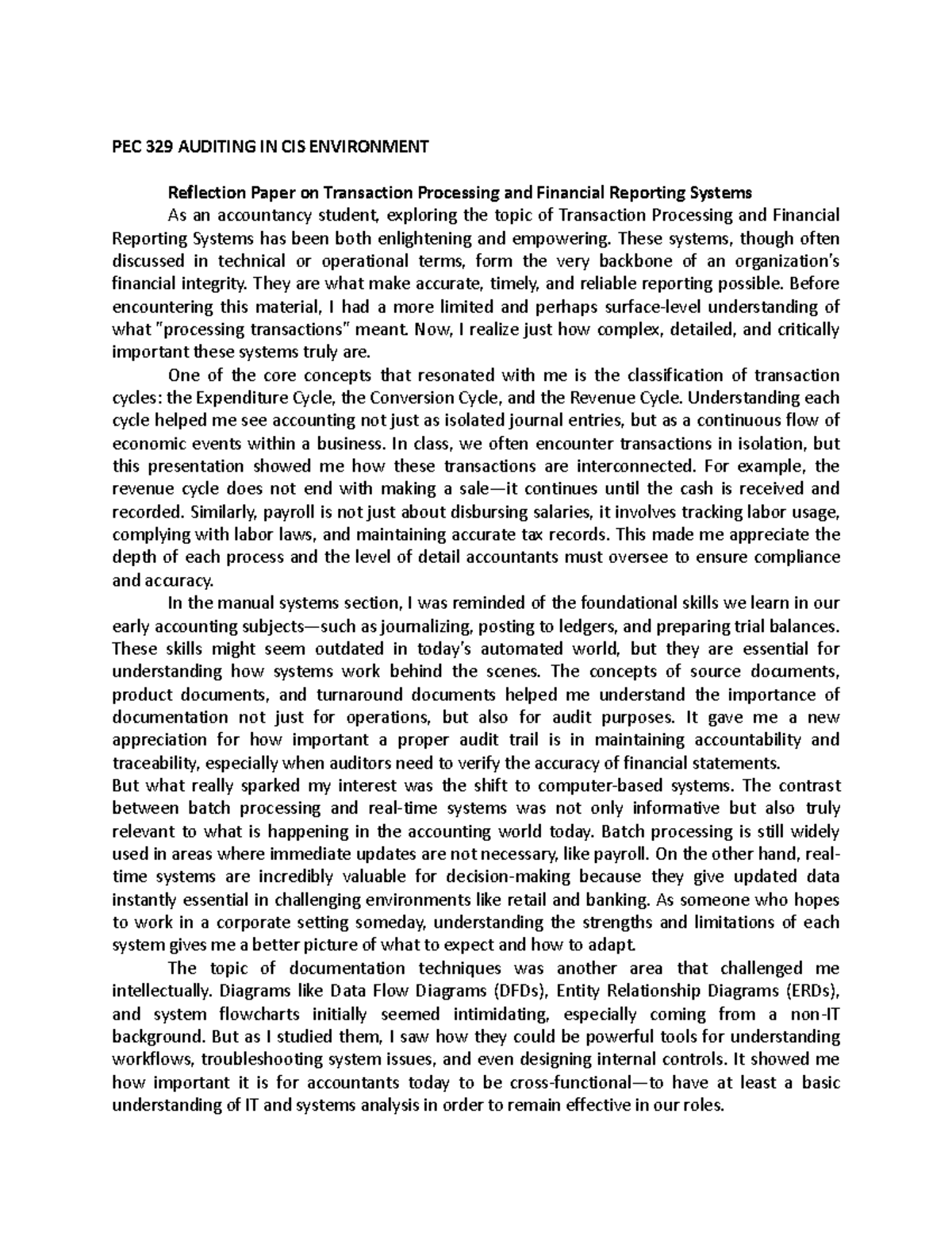 PEC 329 Final Reflection on Transaction Processing & Financial Reporting Systems - Studocu