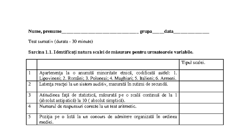 Statistica, Test Sumativ 30 min - Exerciții și Analiză - Studocu
