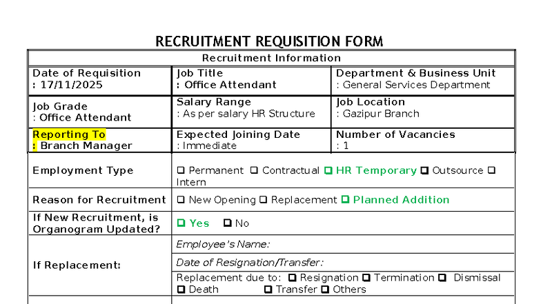 Manpower Requisition Form for Office Attendant Position - Studocu