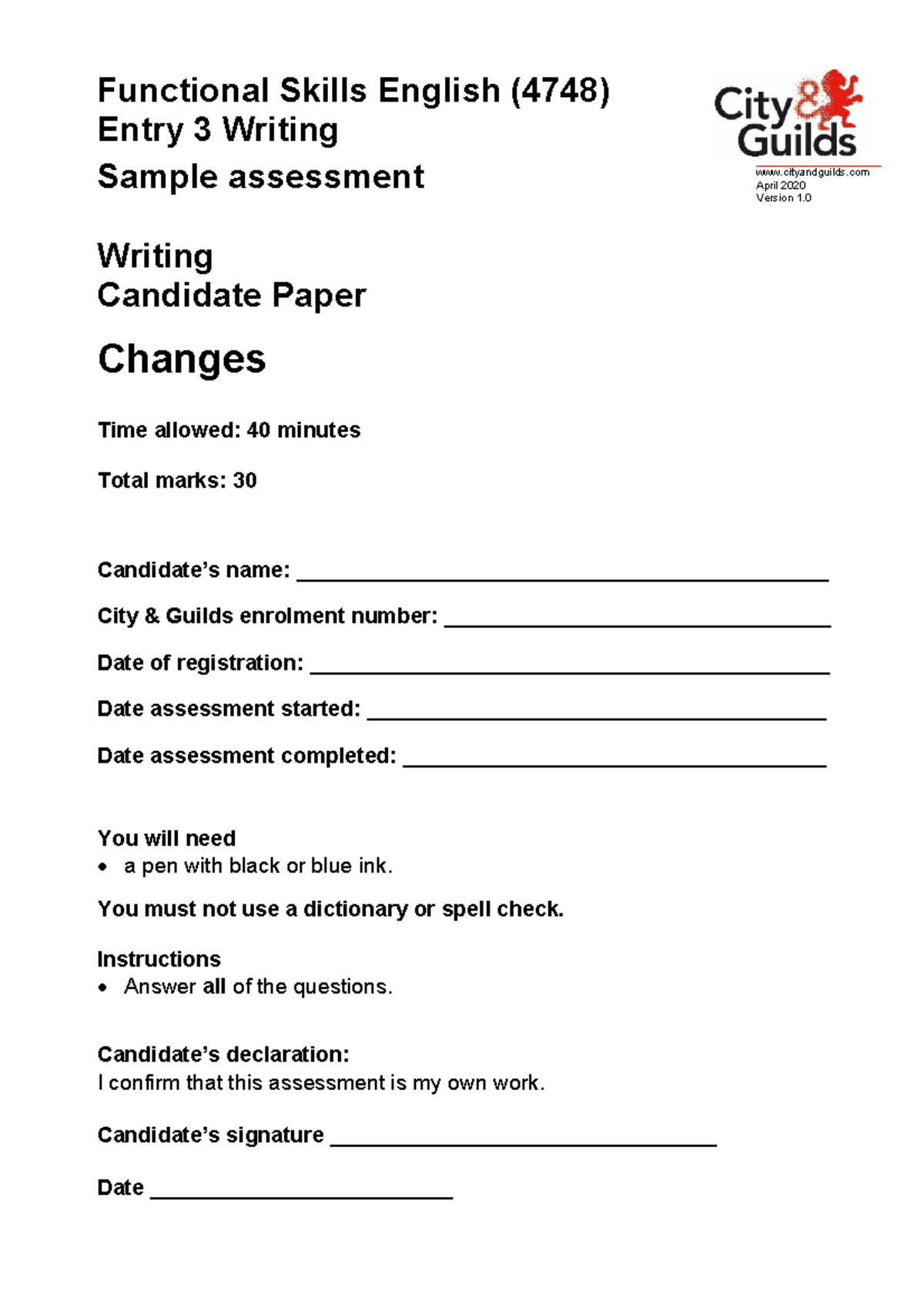 Functional Skills English (4748) Entry 3 Writing Sample Assessment ...