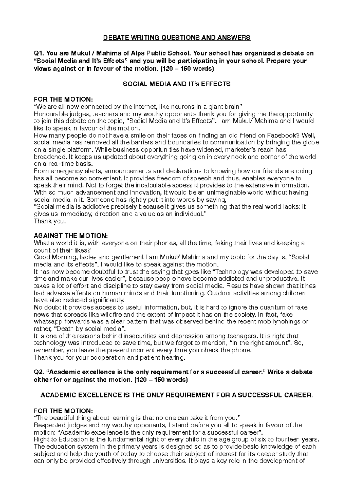Debate Writing Questions and Answers: Format and Responses - Studocu