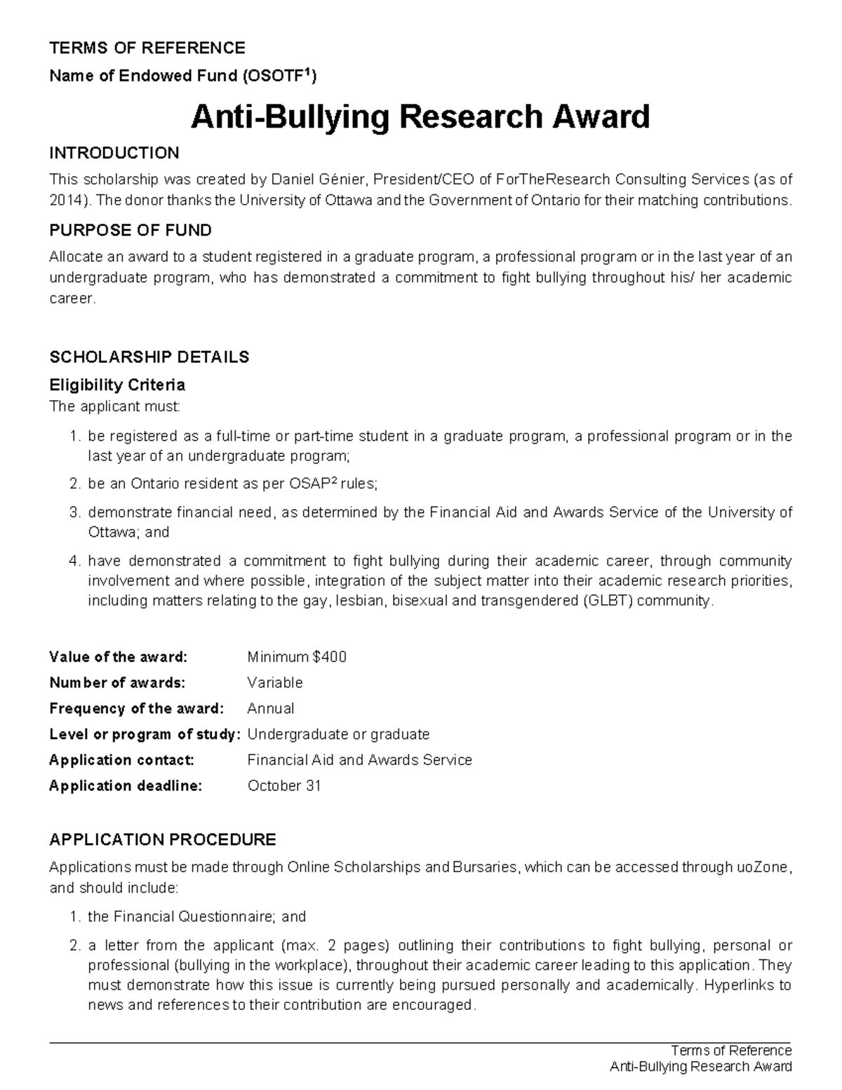 OSOTF1 Research Award Terms of Reference: Anti-Bullying Focus - Studocu