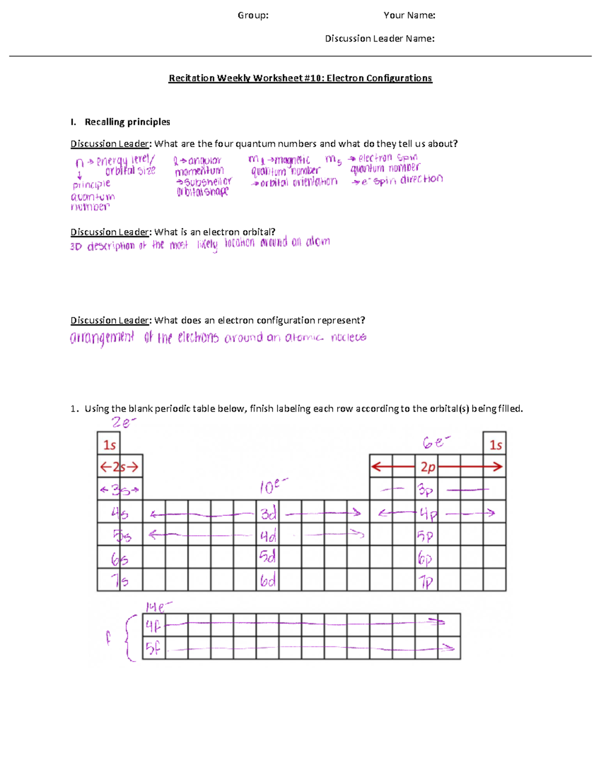 Recitation Worksheet #10: Electron Configurations F23 110 - Studocu