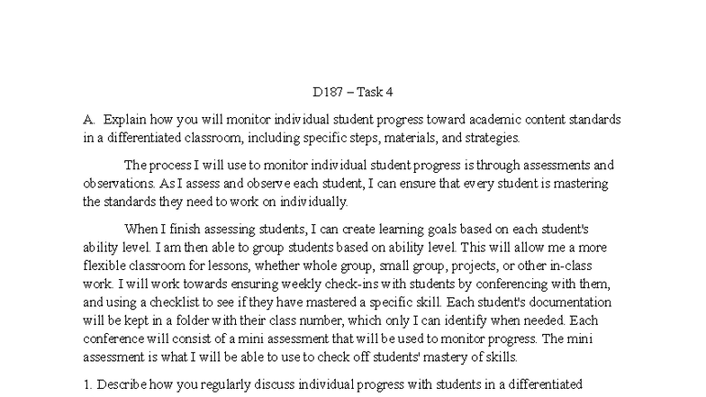 D187 Task 4 - Monitoring Student Progress in a Differentiated Classroom ...