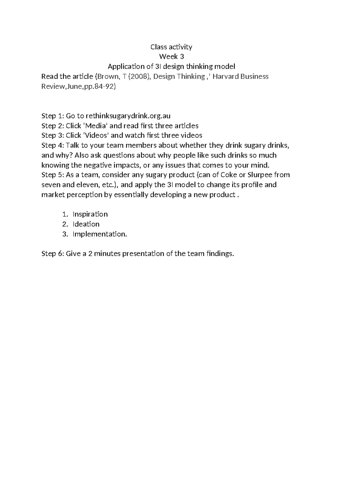 Class Activity - Week 3: DT 3I Design Thinking Application - Studocu