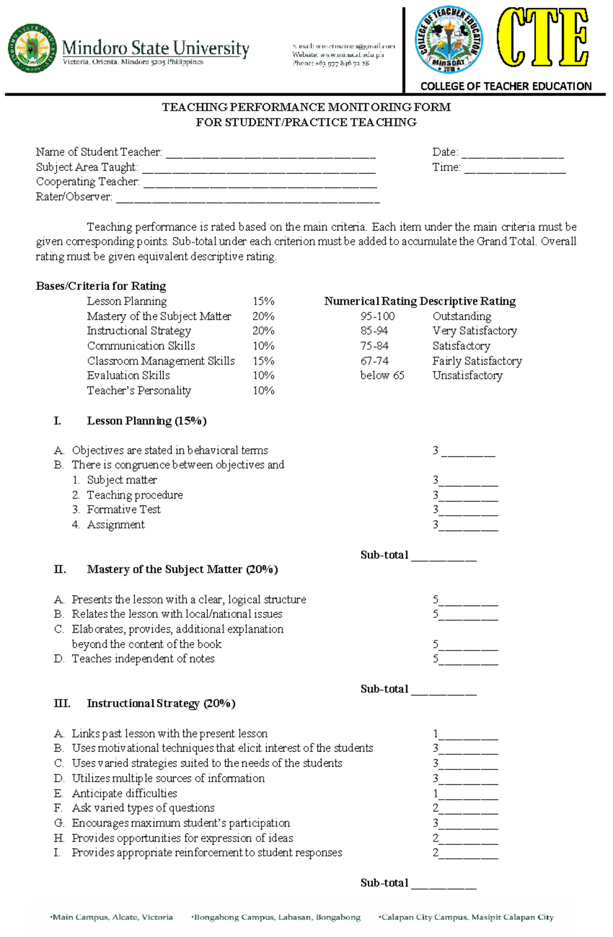 Teaching Performance Monitoring Form for Demo Teaching Evaluation - Studocu