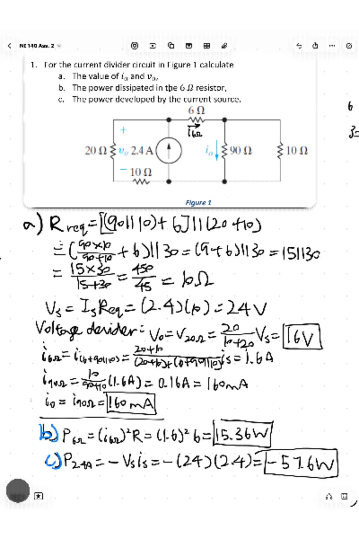 NE 140 Ass. 2: Current Divider Circuit Analysis and Power Calculations ...