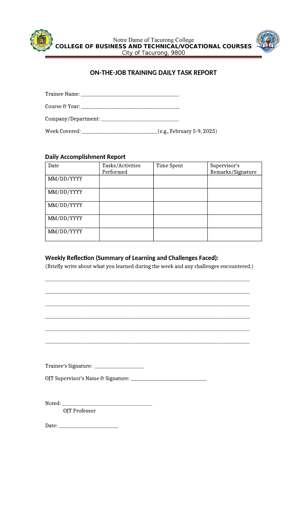 OJT Daily Task Report-2025 - Notre Dame of Tacurong College COLLEGE OF ...