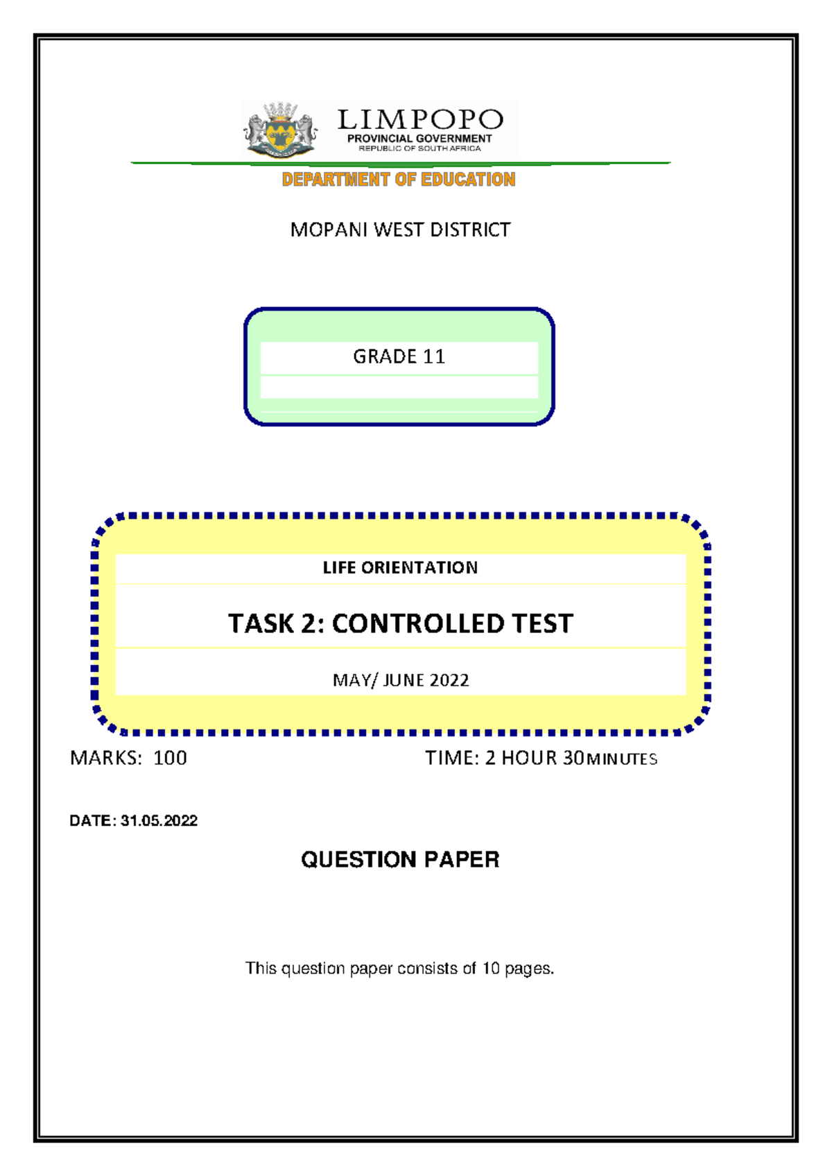 Grade 11 LO Controlled Test QP Term 2 - Mid-Year Exam 2022 - Studocu