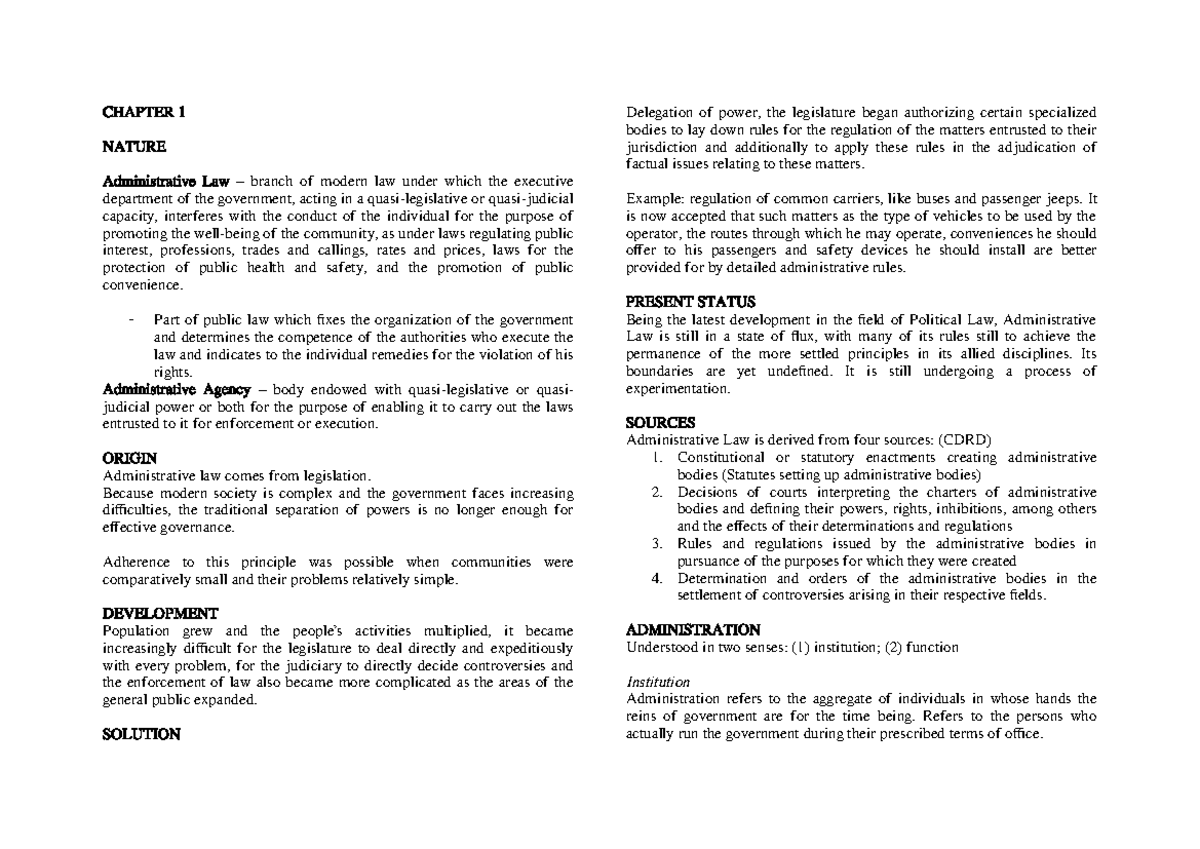 Notes - From Cruz - CHAPTER 1 NATURE Administrative Law – branch of ...