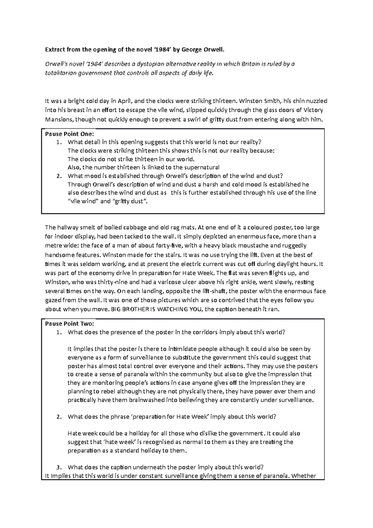 Lesson 1 - Analyzing the Opening Extract of '1984' by Orwell - Studocu
