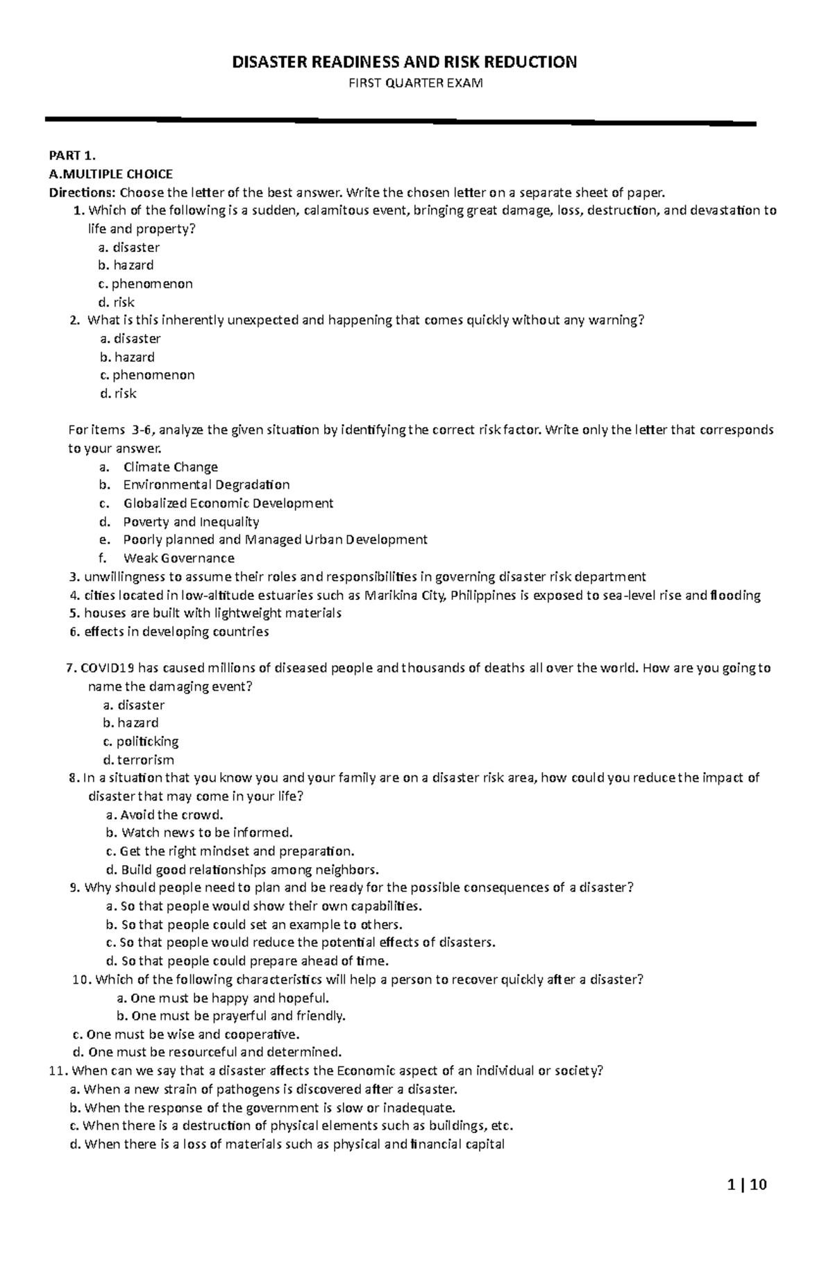 DRRR-Second Quarter Examination with Table of Specification - Disaster ...