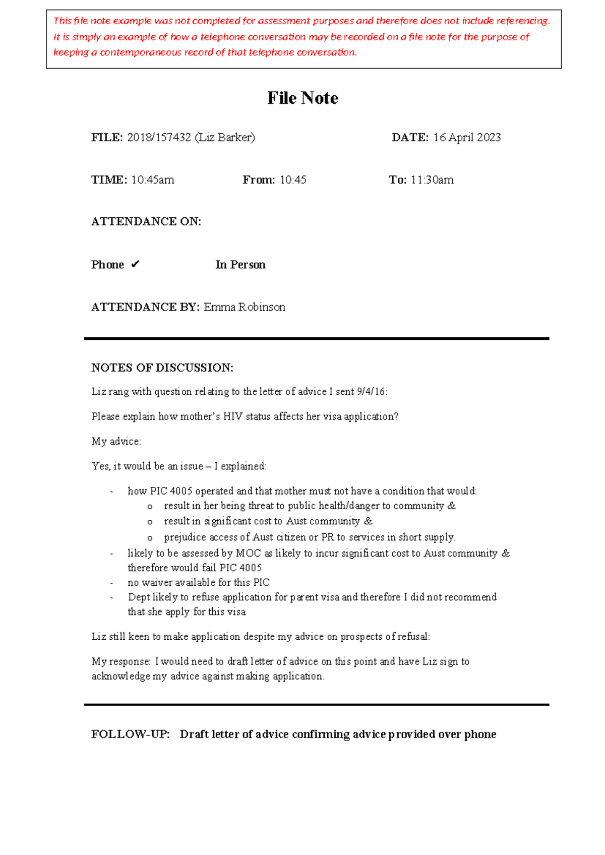 File Note Example: Telephone Conversation Record (Liz Barker) - Studocu