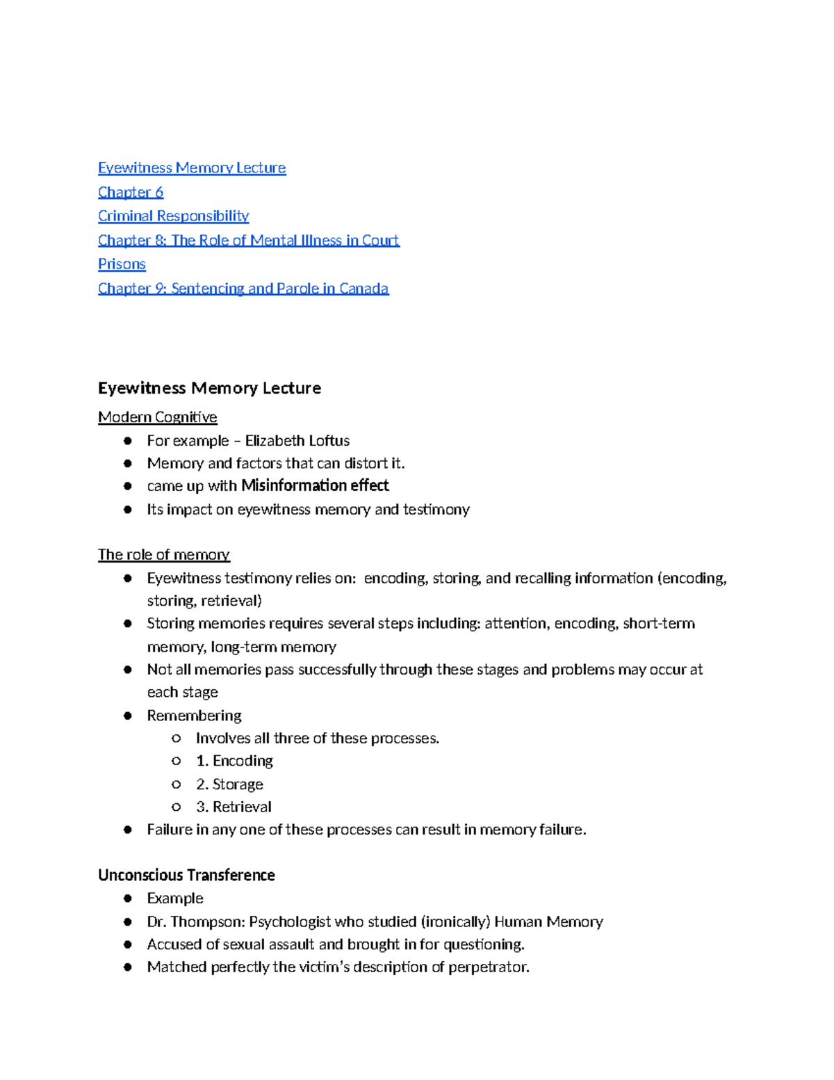 Criminal Responsibility & Eyewitness Memory: Midterm 2 Notes (PSYC 301 ...