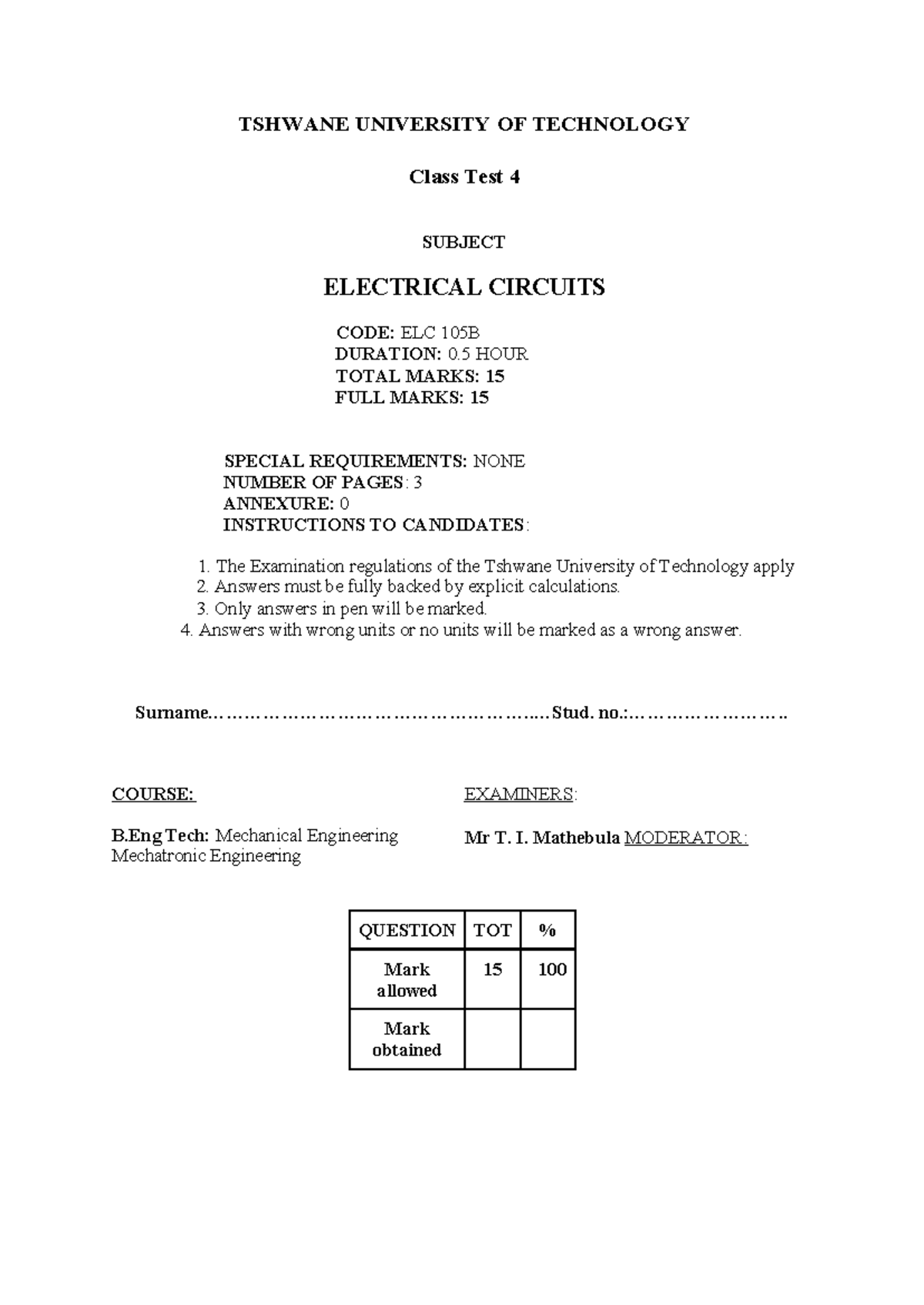 ELC 105B Class Test 4: Electrical Circuits 2018 MN - Studocu